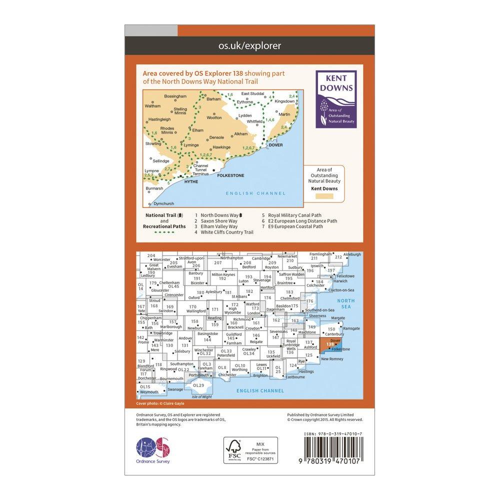 Ordnance Survey Explorer Active 138 Dover, Folkstore & Hythe Map With ...