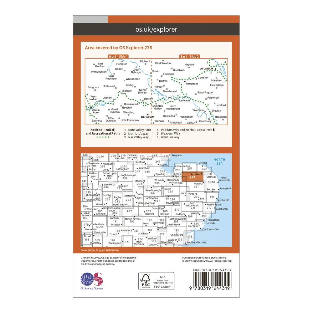 Ordnance Survey Explorer 238 East Dereham & Aylsham Map With Digital ...